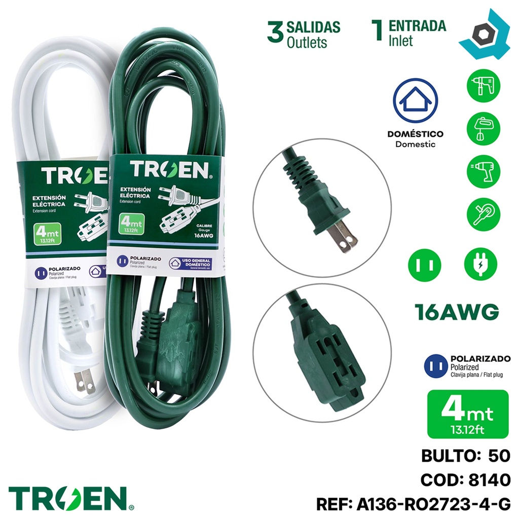 EXTENSION ELECTRICA 13FT 3 TOMAS TROEN | Litani Import Export